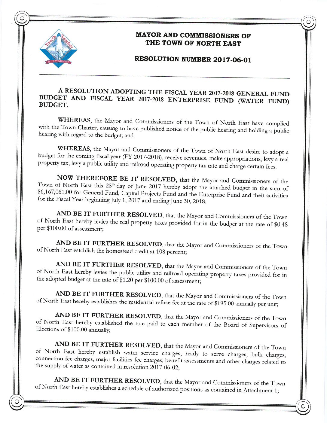 2018 BUDGET RESOLUTIONS – Welcome to North East, Maryland