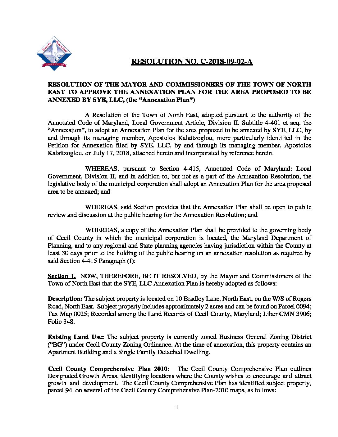 ANNEXATION PLAN RESOLUTION C-2018-09-02-A – Welcome to North East, Maryland