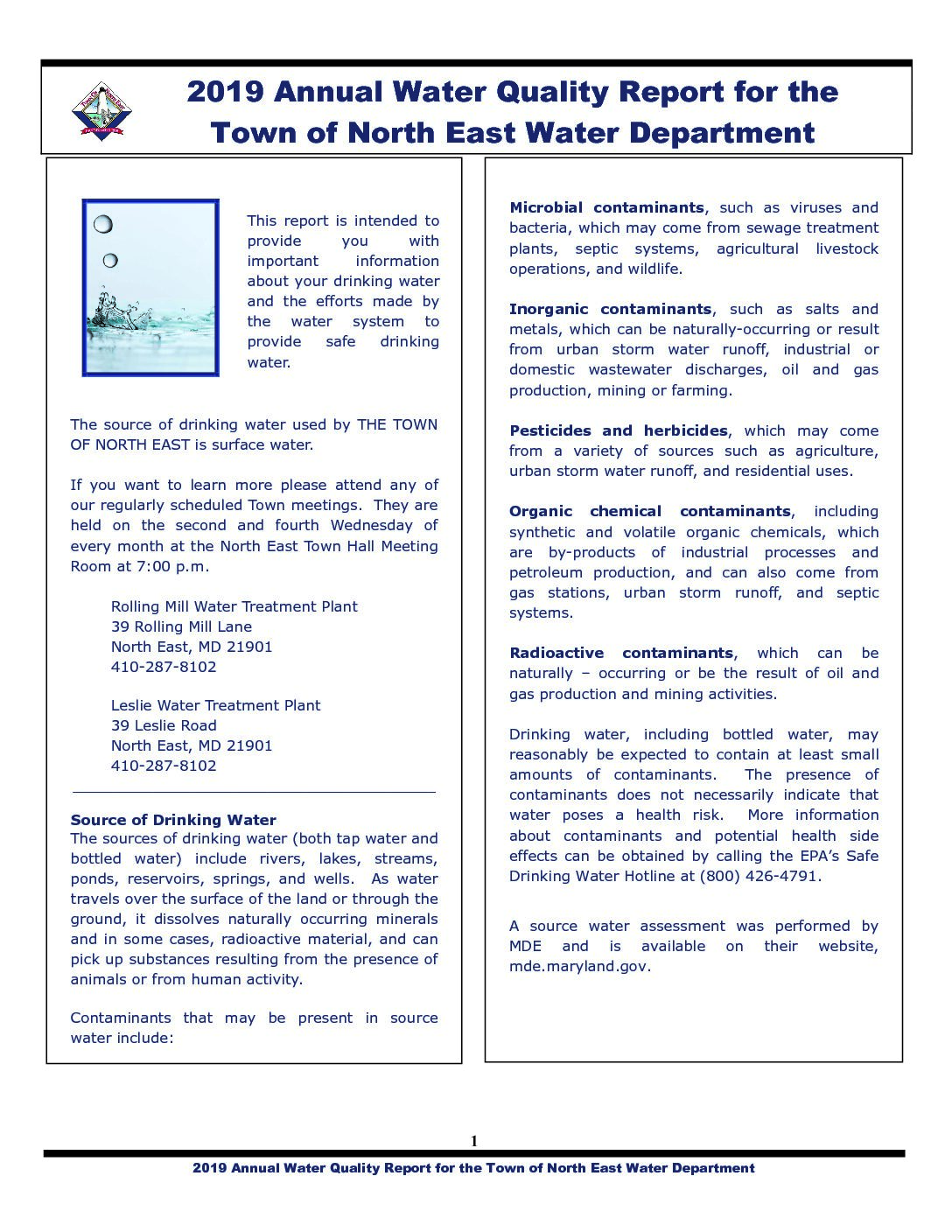 2019 Consumer Confidence Report – Welcome to North East, Maryland