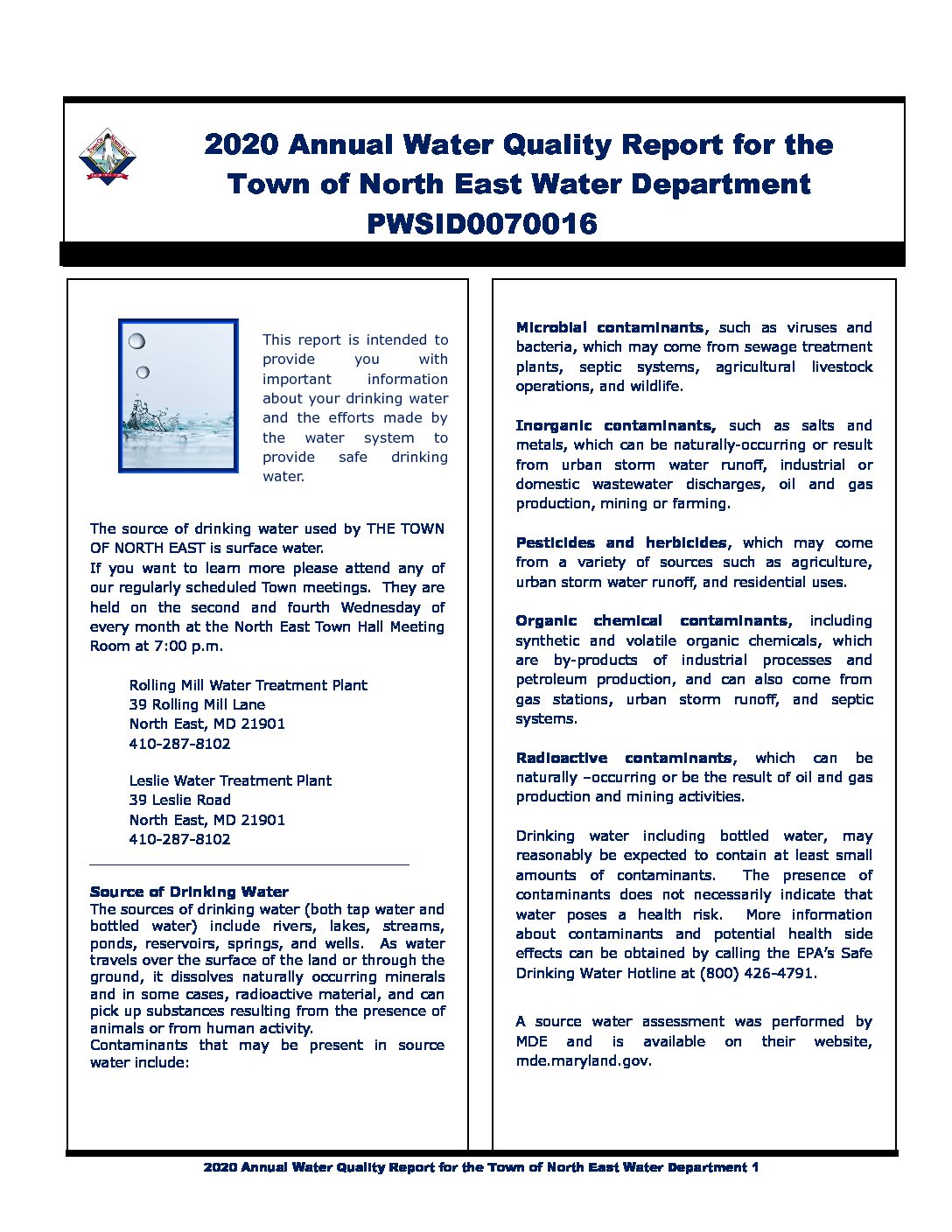 2020 Annual Water Quality Report – Welcome to North East, Maryland